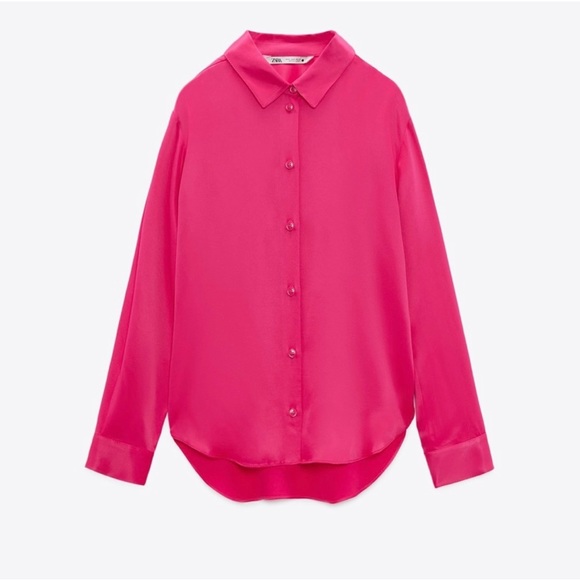 Zara | Tops | Zara Hot Pink Button Up Satin Blouse Medium | Poshmark